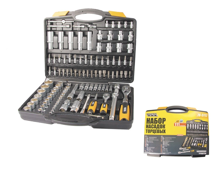 Набор насадок торцевых MasterTool GM PROFI CrV 1/4” - 1/2”, удлиняющаяся трещотка 72 зуба, 111 ...