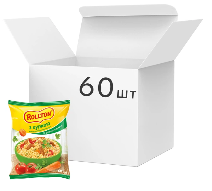 Упаковка вермішелі швидкого приготування Rollton на домашньому бульйоні з куркою 60 г х 60 шт ...
