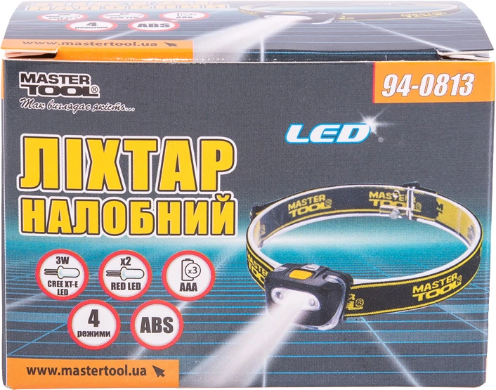 Ліхтар налобний Mastertool 4 режими, 55 х 35 х 40 мм, CREE XT-E WHITE LED + 2 x RED LED, 3 x AAA ...