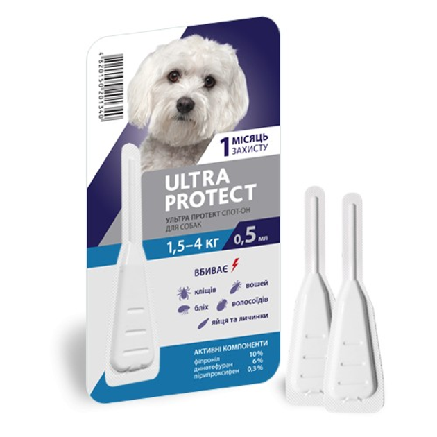 Краплі на холку Ultra Protect від паразитів для собак вагою 1,5-4 кг ...