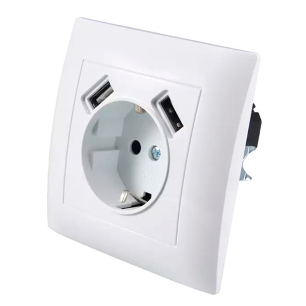Розетка 16А 220В + 2x USB 5В 2А встроенная с заземлением, классика ...
