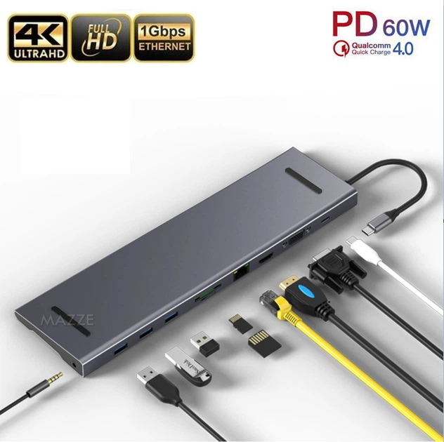 USB-хаб 10-в-1 Type-C to HDMI + VGA + Mini DP + mini jack 3.5 mm + RJ45 ...