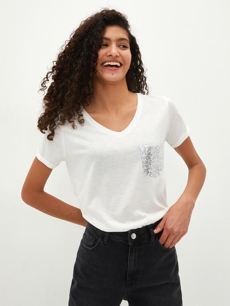 Женская футболка LC Waikiki с паетками на кармане 3XL Белая (LCW Woman ...