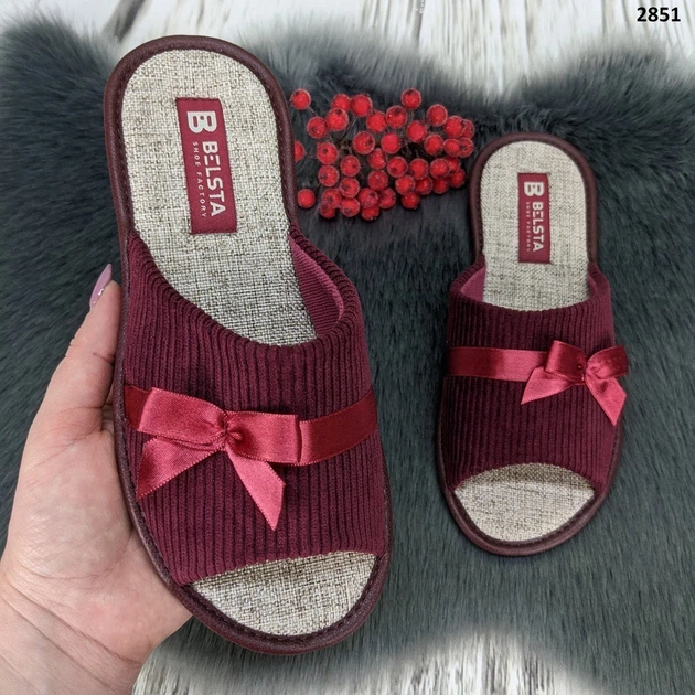 Капці жіночі домашні Белста з відкритим носком бордові вельветові 37 р 24 2 см 2851