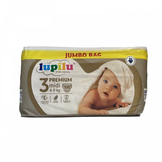 Підгузники Lupilu Premium JUMBO BAG Midi Розмір 3, Вага 4-9 кг, 108 шт ...