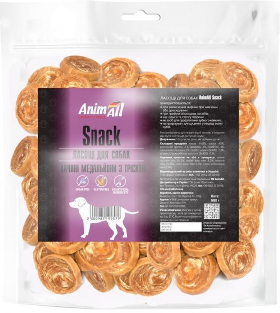 Лакомство снеки AnimAll Snack утиные медальоны с треской для собак 500 ...