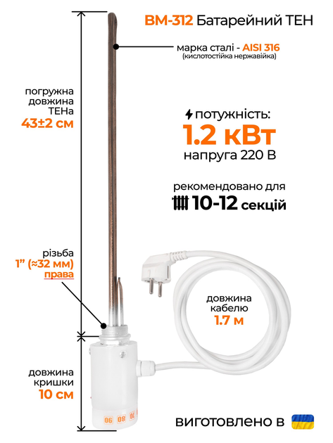 ТЭН в алюминиевую батарею Grepan BM-312, 10-12 секций с ...