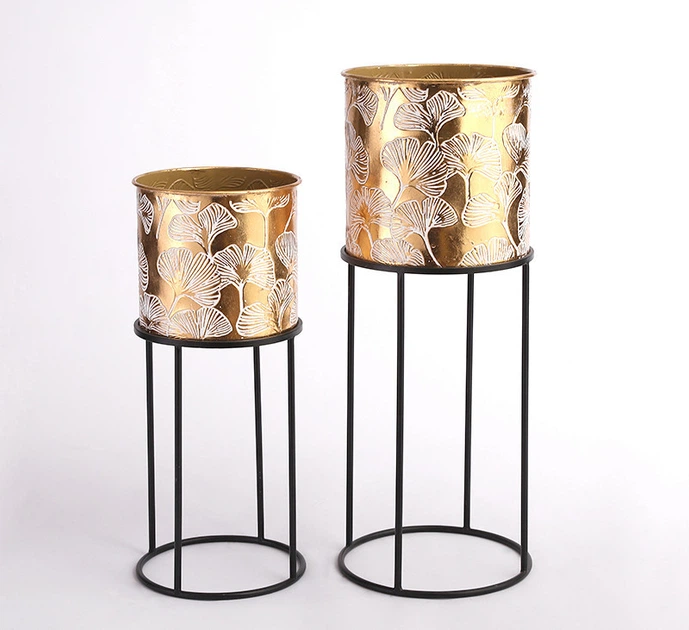 Кашпо для квітів з металу на підставці Гінкго золоте 2шт Гранд Презент 91087 фото отзывы