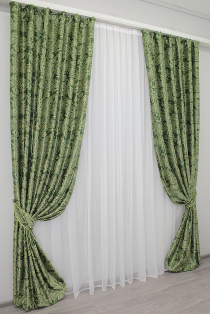Комплект штор VR-Textil блэкаут-софт Дамаск Зеленый с оливковым 150x280 ...