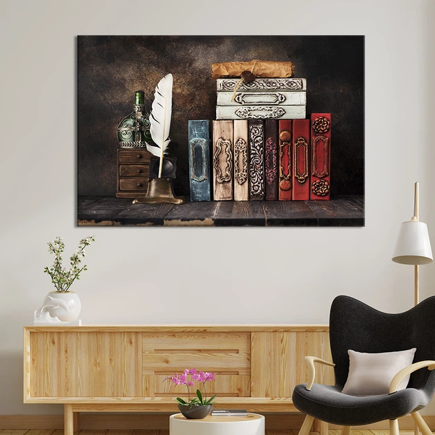 Настінний декор картина на полотні для інтерєру у спальню Раритетні книги 51x34 см 528 1