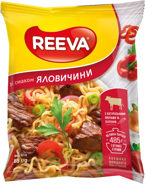Упаковка локшини швидкого приготування Reeva зі смаком яловичини 85 г x 20 шт (4820179257083 ...