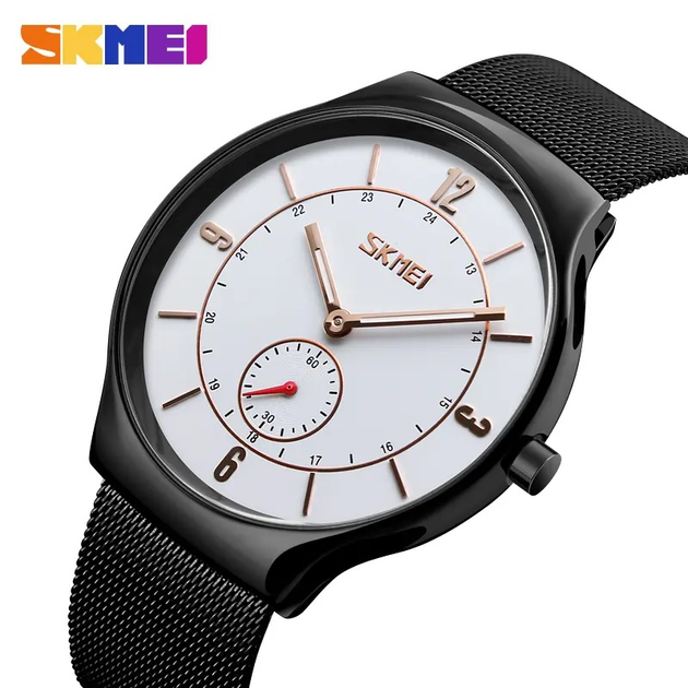 Мужские наручные часы Skmei 9163 Черные с белым циферблатом и золотыми ...