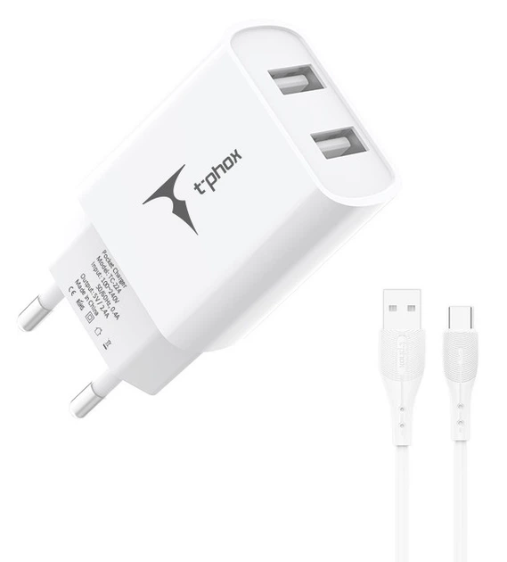 Мережевий зарядний пристрій T-PHOX TCC-224 Pocket Dual USB + Type-C Cable (6819037) – фото ...