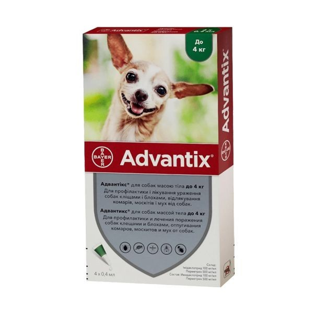 Капли Bayer Адвантикс Advantix от блох и клещей для собак весом до 4 кг ...