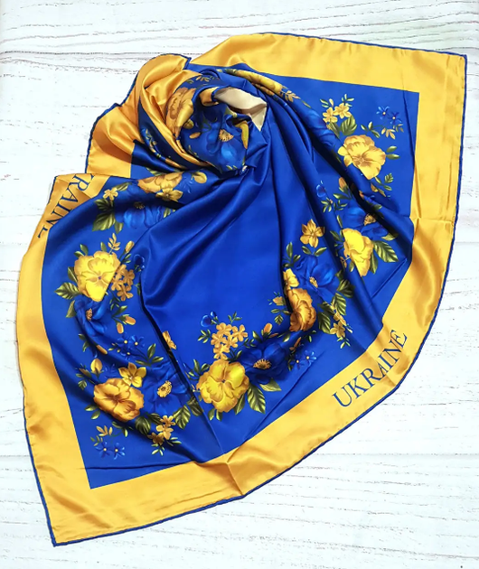Шовкова хустка патріотична Ukraine квіти 90 90 см синя ручна обробка краю Стильні аксесуари з