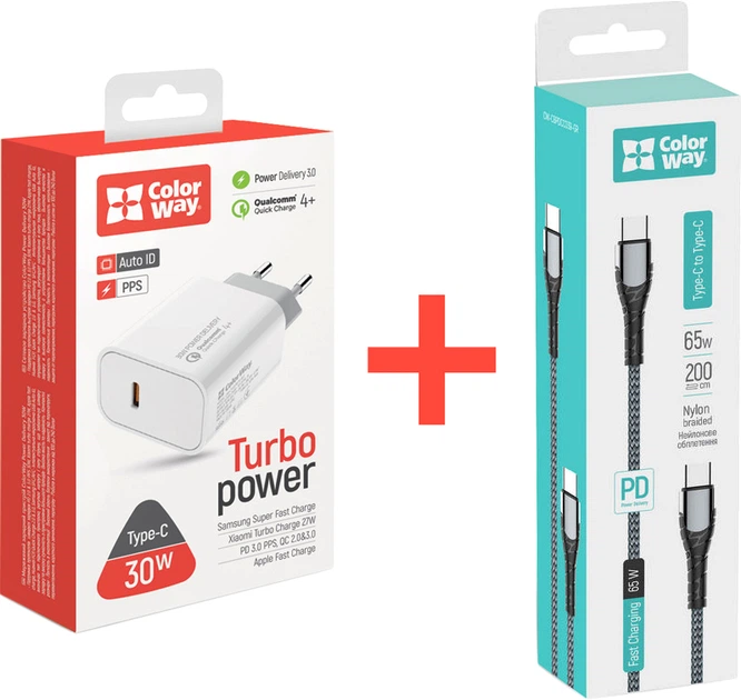 Набор сетевое зарядное устройство ColorWay PD Port PPS USB Type-C (30W ...