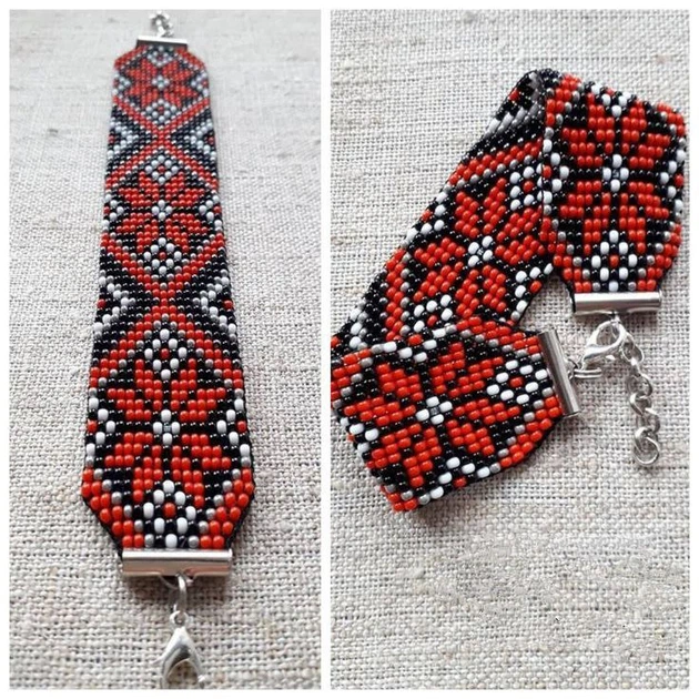 Браслет із бісеру український орнамент Червоно чорний 14 16см КТ2141 Стильні аксесуари з