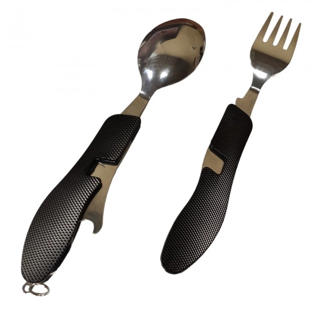 Набір похідний 4в1 складні ложка вилка ніж відкривачка з чохлом на ремінь Чорний фото відгуки