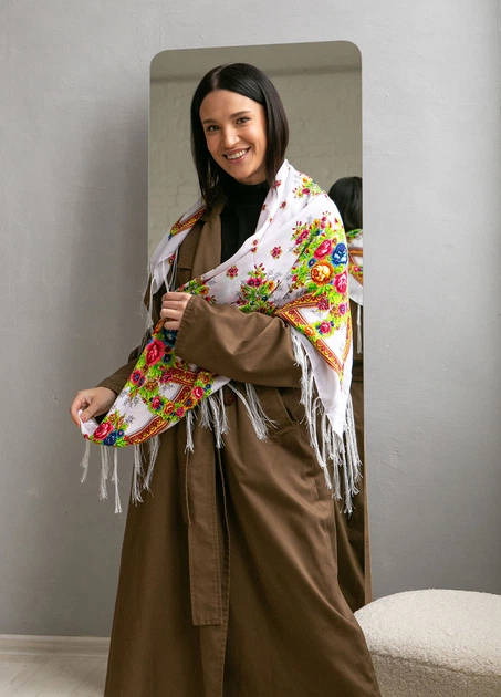 Хустка шерстяна з бахромою 96х96 см Туреччина білий жовтий Стильні аксесуари з доставкою