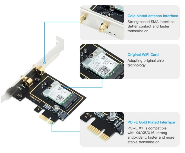 Трьохдіапазонний PCI-E Wi-Fi 6E 5374Mbps + BT5.3 (Intel AX210) адаптер 2.4G/5G/6Ghz + Bluetooth ...