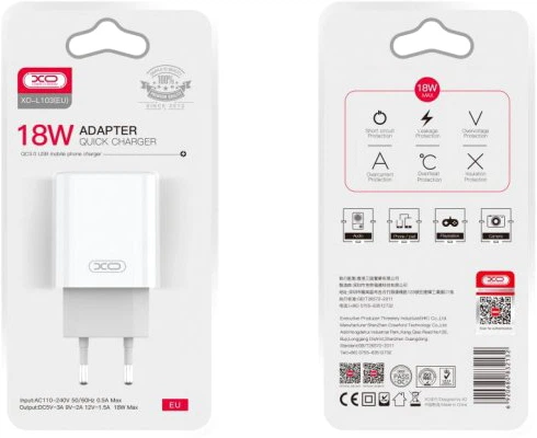Сетевое зарядное устройство XO L103 single USB QC3.0 18W 3A White (101656) – фото, отзывы ...