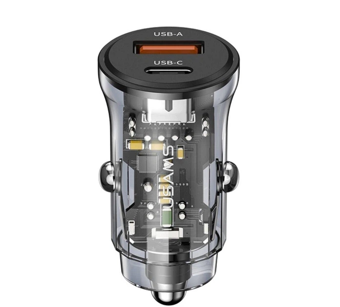 АЗУ USAMS CC164 C32 30W Transparent USB+Type-C Mini Car Charger ...