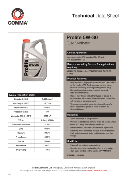 Моторное масло для Volkswagen 5W-30 VW 504 00/507 00 Comma PROLIFE 5л ...