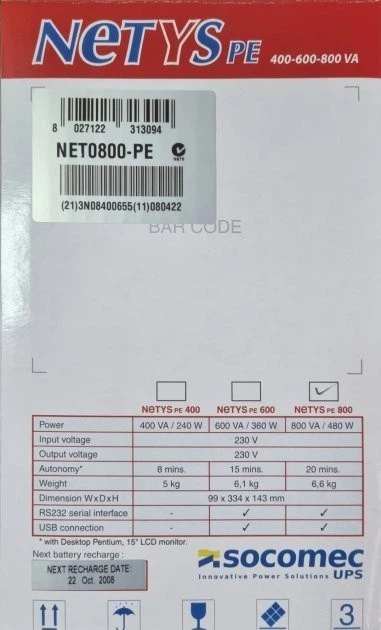 ДБЖ Socomec NeTYS PE (800VA / 480W) (NET0800-PE) – фото, отзывы ...