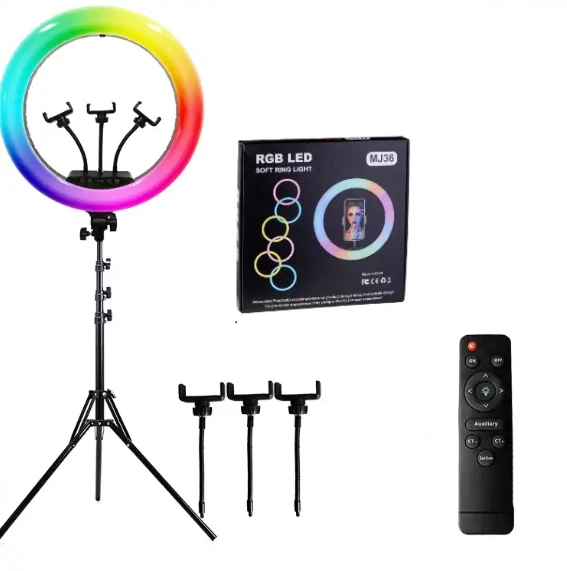 Профессиональная кольцевая LED лампа MJ-36 RGB 36см/30 Вт Штатив + 3шт. креплениями + пульт от ...