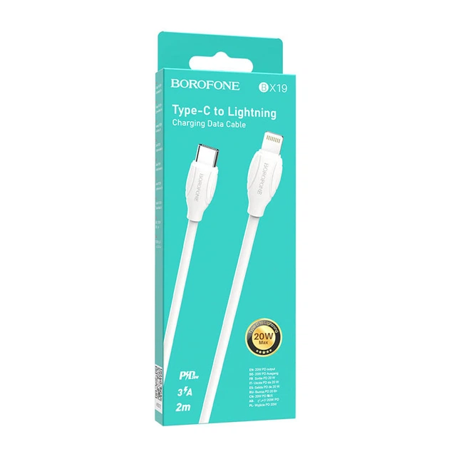 Кабель зарядки BOROFONE BX19 (3A-20W-2M) для пристроїв Apple iPhone, iPad/iPod Type-C (USB-C) to ...