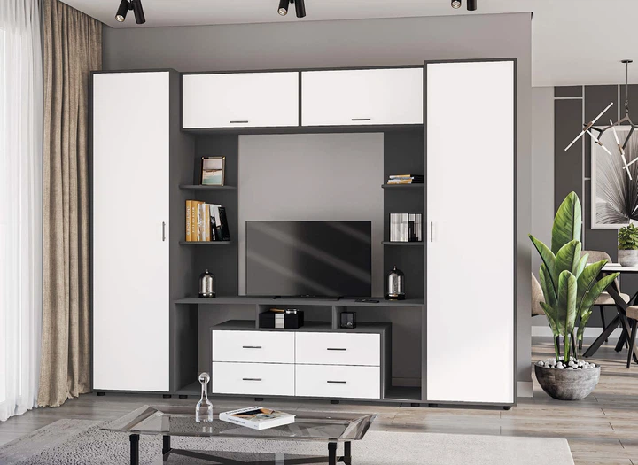 Сучасна містка стінка під телевізор у вітальню зал з пеналом полками тумбою під тв з дсп Юта Д