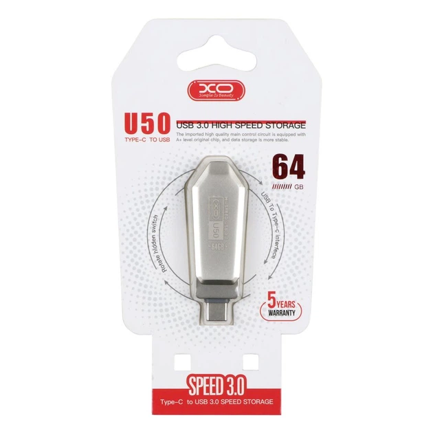 Флеш накопитель XO U50 64 ГБ 2 в 1 (USB 3.0 + USB Type-C, компактная флешка, высокая скорость ...