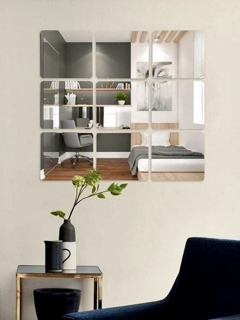 Дзеркальний настінний декор інтерєрна наклейка на стіну Квадрати 15х15 см 9 шт срібло