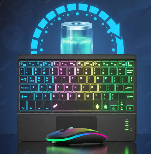 Беспроводная Bluetooth-клавиатура + мышка с RGB подсветкой и сенсорной ...
