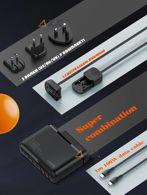 Мережевий зарядний пристрій для телефону, ноутбука GaN 140W з дисплеєм на 6 портів 3USB-C + 3USB ...