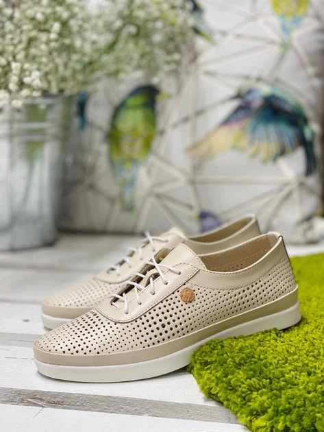 Жіночі бежеві шкіряні кеди з перфорацією Prellesta 2024-04 40 Бежевий ...