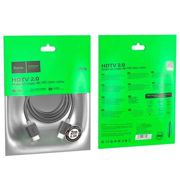 Кабель HOCO US08 HDTV 2.0 male-to-male 4K HD data cable 2M Чорний ...