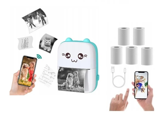 Портативний термопринтер Bambi Cat Mini printer Blue +5 рулонів ...