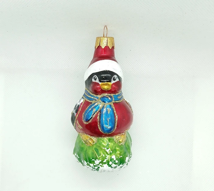 Новорічна ялинкова формова іграшка Manbor скляна Горобець у шапці Н 12см 1601 003 фото