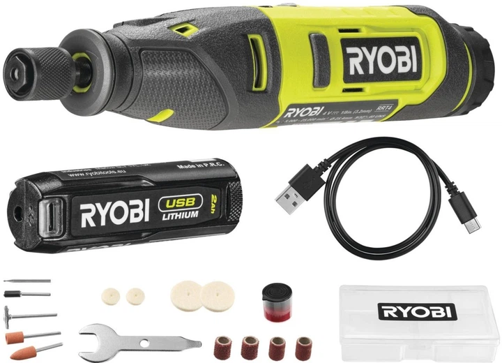 Шліфмашина пряма Ryobi RRT4-120GA15, 4В USBLIthium, АКБ 1х2А•год, набір ...
