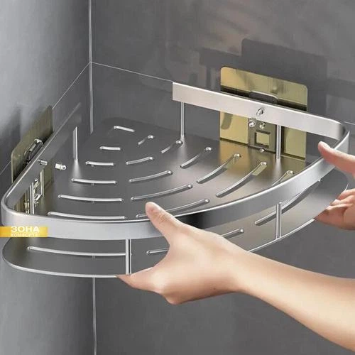 Полиця металева кутова у ванну для кухні монтаж липучки серебриста фото відгуки