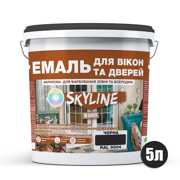 Эмаль акриловая для окон и дверей Wood RAL 9004 5 л SkyLine Черный ...