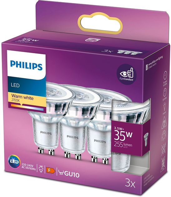 Набор светодиодных ламп Philips Classic GU10 3.5W 3 шт Warm White ...