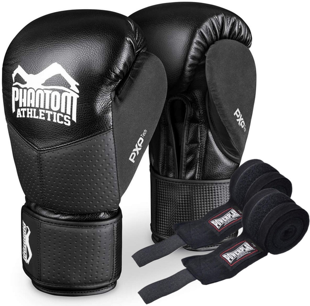 Боксерские перчатки Phantom RIOT Pro Black 14 унций + бинты (PHBG2540 ...