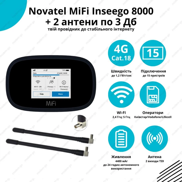 4G роутер Novatel MiFi Inseego 8000 Cat.18 + 2 антенны по 3 Дб – фото ...