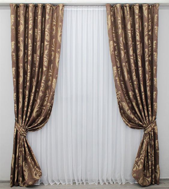 Комплект штор VR-Textil Лен рогожка Лилия Коричневый 150x275 см 2 шт ...