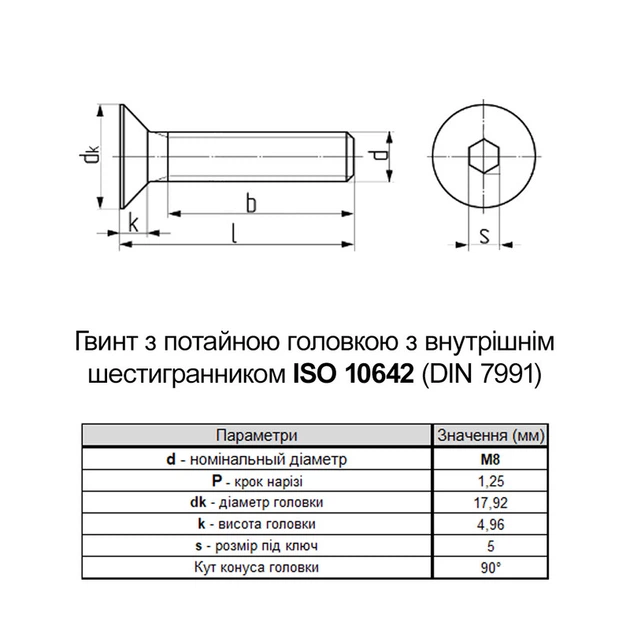 Винт ISO10642 М8х20 сталь 10.9 без покрытия полная резьба шаг 1,25 (200шт.) [5I10000005I1802000 ...