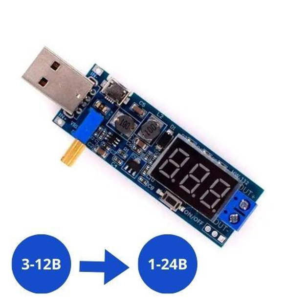 Преобразователь напряжения универсальный 3-12В на 1-24В, вольтметр USB ...