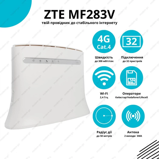 Стаціонарний 3G/4G WiFi роутер ZTE MF283V LTE Cat.4 (2,4 ГГц и антенний ...