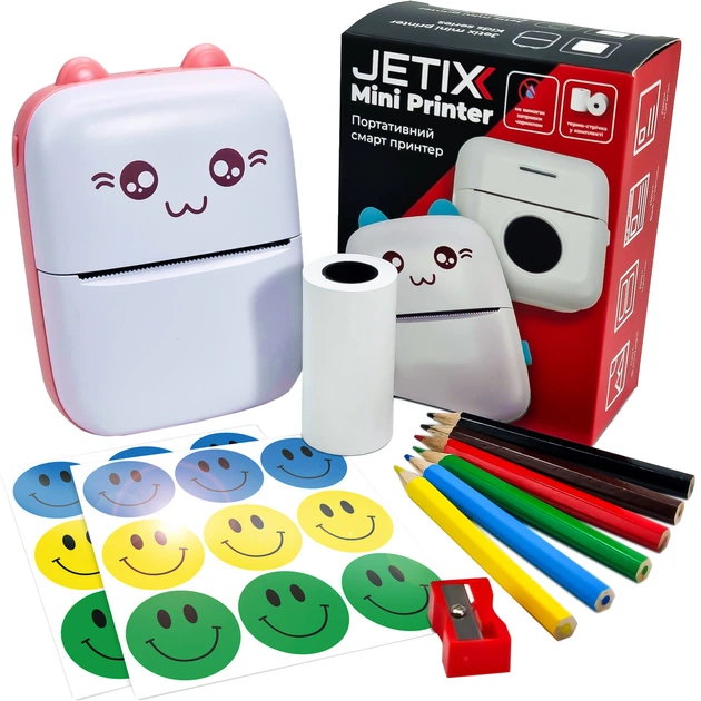Детский портативный термопринтер Jetix Mini Printer Pink с набором карандашей и стикеров Jmp 2